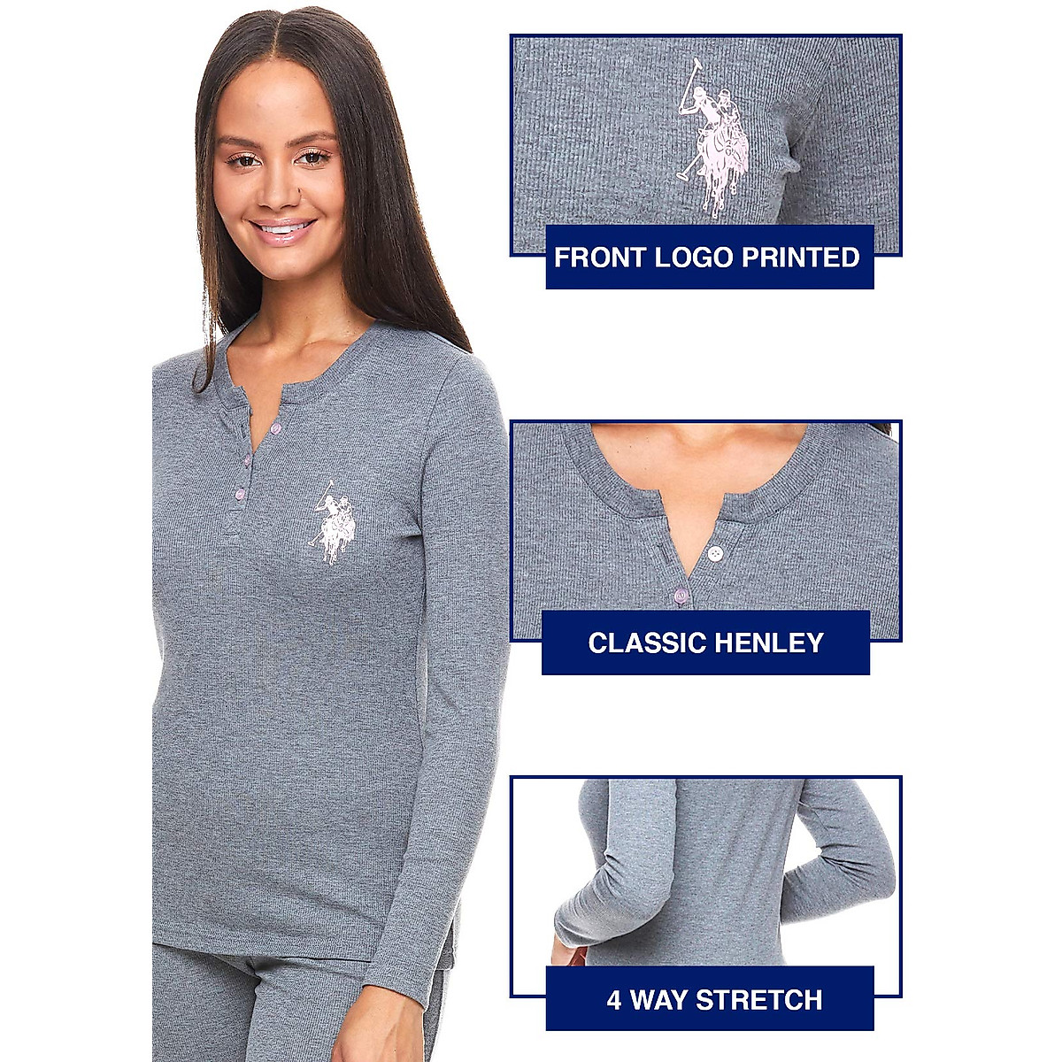 U.S. Polo Assn. Thermal Pajamas for Women Set, Thermals Top and Bottom Set, Womens Thermals (Charcoal Heather Set, Medium)