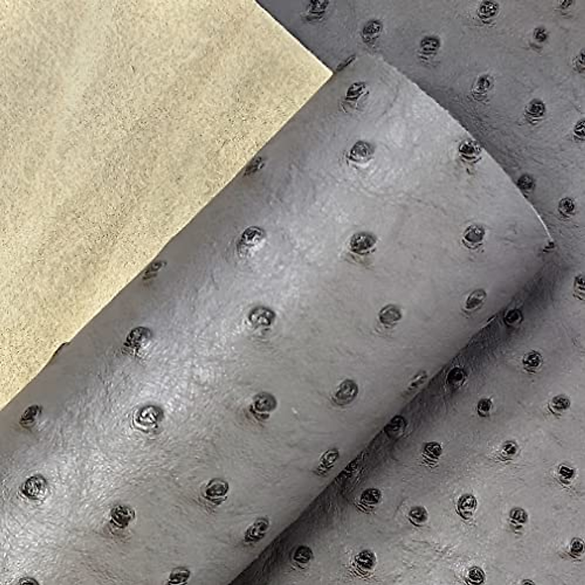 Ostrich Faux Leather Vinyl Roll 12 x 53 inches Solid Textured Synthetic Crafts Fabric for Leather Keychains Purse Wallets Making Upholstery Decoration, Gray