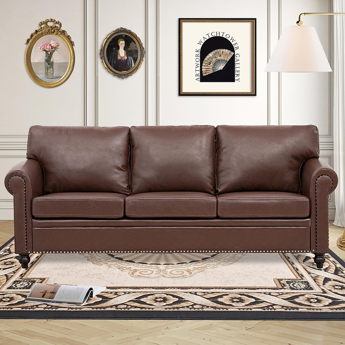 INOTEVERITORY Brown Leather Couch，Comfy Classic 3 Seater Living Room Sofa，Mid-Century Modern Sofa with Detachable Cushions 84" for Living Rooms, Bedrooms, Offices,Apartments Tool-Free Assembly