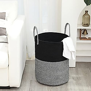 YanZhi Large Tall Cotton Rope Basket,58L Woven Laundry Baskets Storage Bins,Collapsible Thread Clothes Hamper with Durable Handles for Toys,Blanket,Pillows,Books,Baby Nursery & Home Organizer(black)