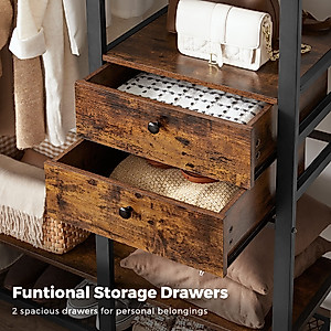 VASAGLE Free Standing Closet Organizer, Clothes Rack, Closet Organizer and Storage Shelves, Hanging Rod, 2 Drawers, Industrial Style, Rustic Brown and Black URGR001B01