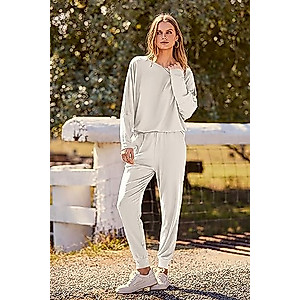 PRETTYGARDEN Women's 2023 Fall Fashion Outfits 2 Piece Sweatsuit Solid Color Long Sleeve Pullover Long Pants (Off-white,X-Large)