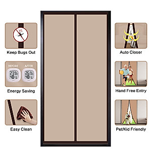 Magnetic Insulated Door Curtain, Thermal Door Cover Door Screen Auto Closer Self-Closing Privacy Screen Door for Air Conditioner Room, Patio, Bedroom-Hands Free, Fit Doors Size Up to 34" x 80", Coffee