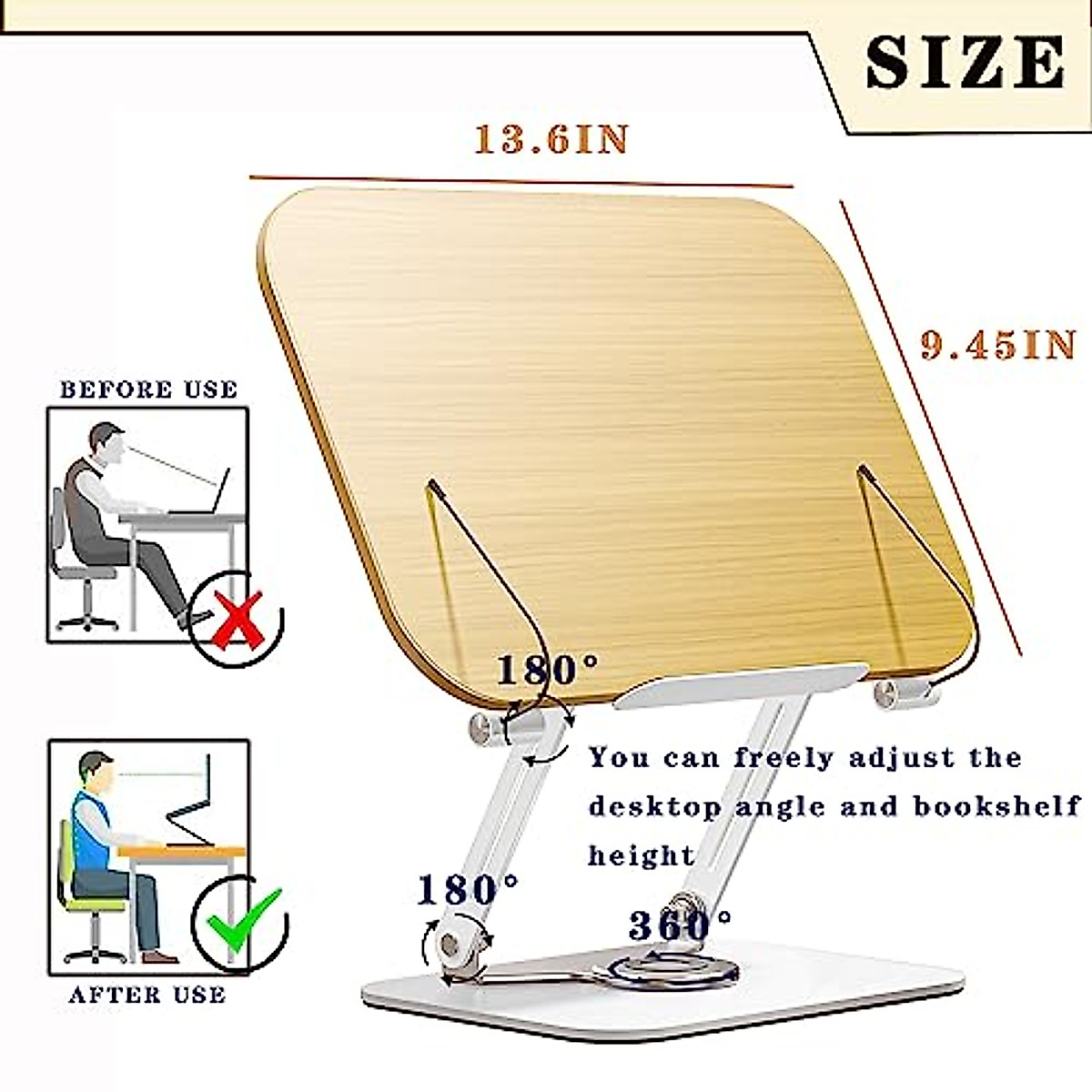 Book Stand for Reading Hands Free,Multi-Angle Adjustable Book Holder Stand with 360° Rotating Base & Page Clips,Foldable Cookbook Stand for Laptop Display Textbook Recipe Book Document Sheet Music