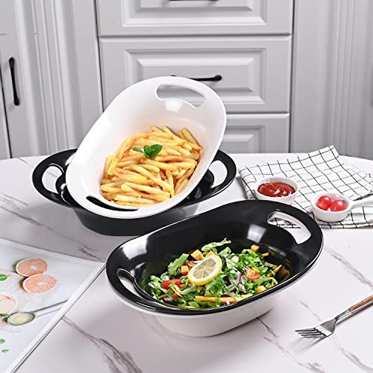 XUEJUN Black Serving Bowls, 12" Large Serving Bowl with Handles Set, Bamboo Fiber Serving Dishes, Oval Serving Platter 1.3 Quarts Set of 2, BPA-free, Reusable, Dishwasher Safe