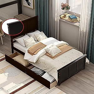 Platform Storage Bed with Two Drawers on Wheels, Solid Wood Single Bed with Support Slats, Single Bed Frame for Boys, Girls, Teenagers and Adults, No Springs Required (Espresso)