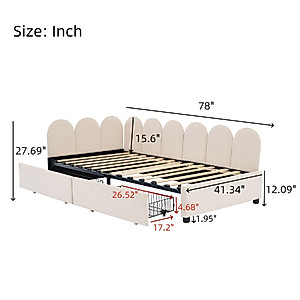 Nahenduo Twin Size Velvet Daybed with 2 Storage Drawers, Upholstered Corner Bed Frame with Arch-Shaped Headboard for Kids Girls and Boys, No Box Spring Needed (White, Twin)