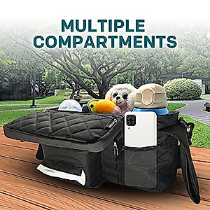 ComfyDegree Universal Baby Stroller Organizer Anti-Slip Detachable Pouch Bag Insulated Bottle Cup Holders Tissue Compartment, Secured Straps, Pockets for Diaper, Phone, Keys, Toys (Black)