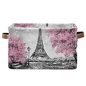 DAOXIANG Vintage Paris Eiffel Tower and Pink Tree Themed Square Storage Basket, Foldable, with Leather Handles,for Home, School and Office 15 * 11 * 9.5 in * 1