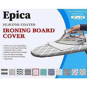 Epica Ironing Board Cover and Pad - Standard Size 15x54 Padded Ironing Board Covers, Heat Reflective Coating, Scorch & Stain Resistant Iron Board Cover with Padding Grey & White Lattice