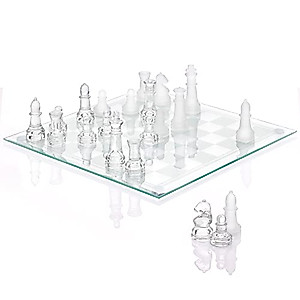 Srenta Fine Glass Chess Set Game, Modern Clear Chess Set, Deluxe Chess Set Glass Chess Board Set with Solid Clear & Frosted Chess Glass Pieces | 9.7’’ Crystal Chess Boards Sets, Felt Padding Included