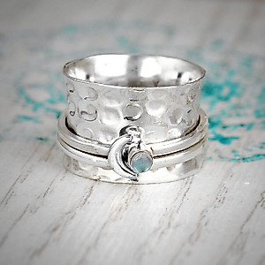 Boho-Magic Spinner Moonstone Moon Ring for Women 925 Sterling Silver Fidget Wide Band (7)