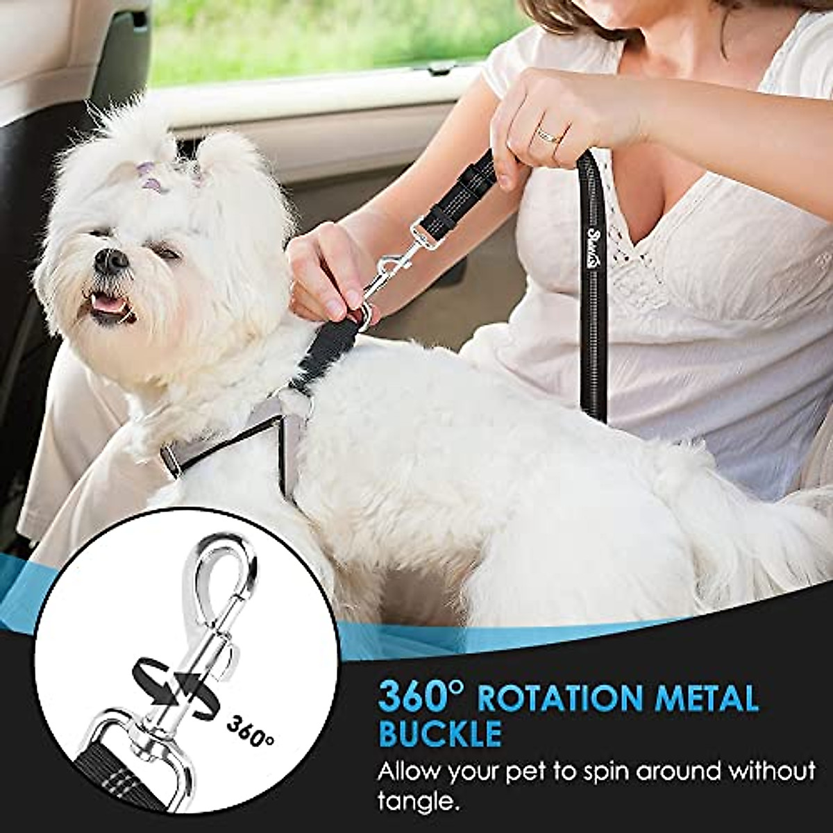 SlowTon Dog Seat Belt, 2 Pack Pet Car Seatbelt with Elastic Bungee Buffer, 2 in 1 Adjustable Headrest Restraint Reflective Puppy Safety Harness (Black-Dual Use)