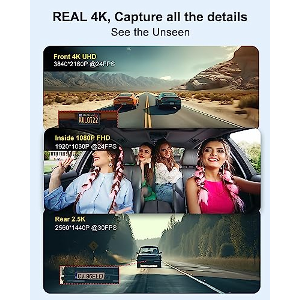 Dash Cam Camera For Cars Dashcam - Lehwey 3 Channel Dash Camera 4k 2160P+1440P+1080P Front Rear Inside, Built in WiFi GPS, With 64GB Card, Night Vision, G-Sensor Parking Mode, 170°Angle Loop Recording