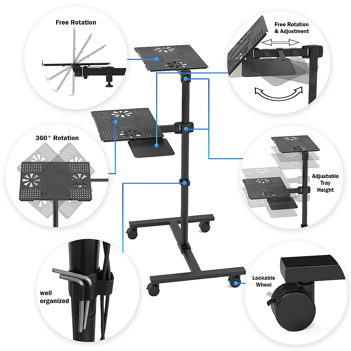 Aldeepo Swivel Tilt Laptop Desk, Height Adjustable Portable and Rolling Desk with Both Foot Pads and Wheels, Mobile Computer Cart with Mouse Pad for Home, Office,Workshops(Double Trays)