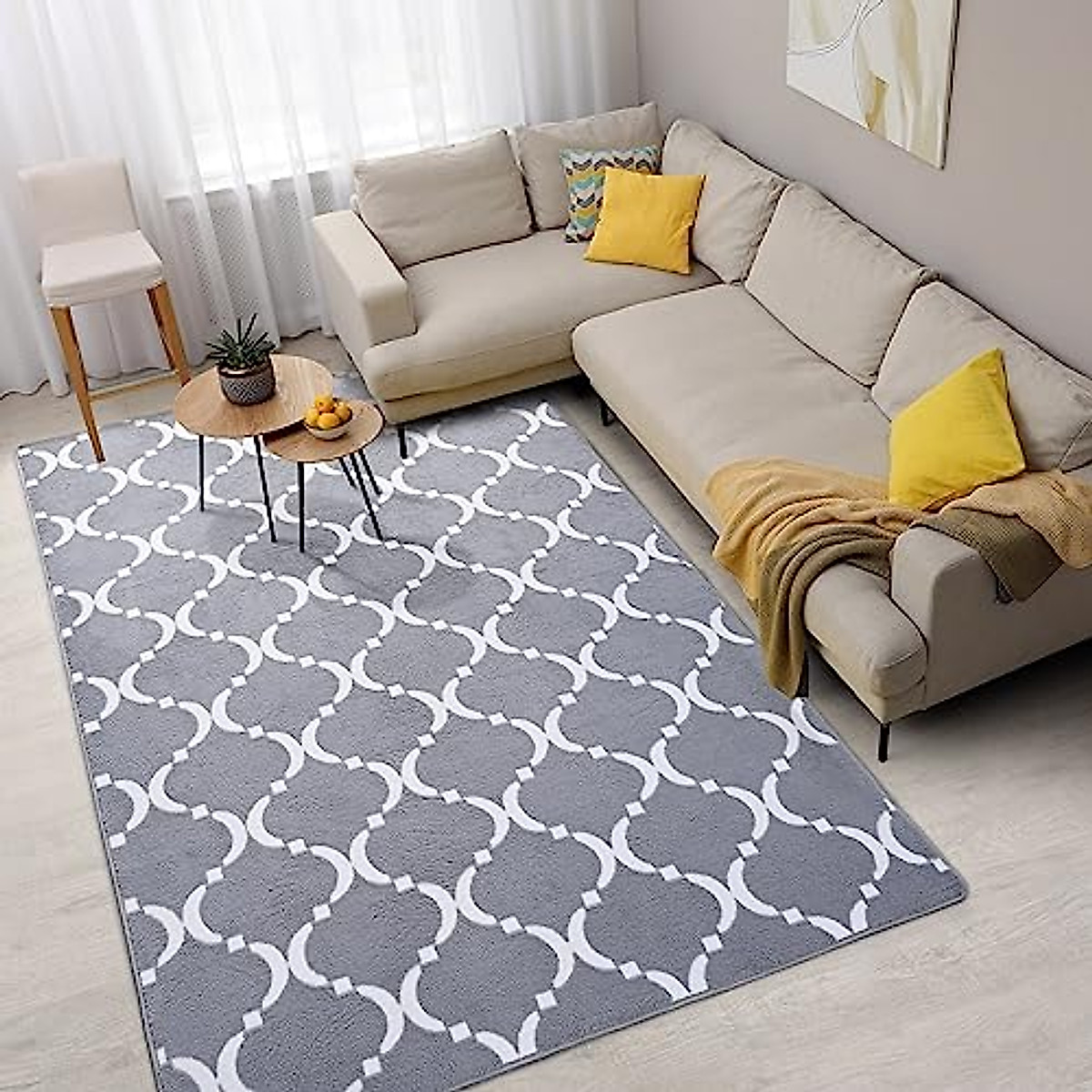 QXKAKA Soft Shag Geometric Area Rug, Modern Indoor Carpet for Bedroom Living Room, 4'x6' Memory Foam Kids Rug for Nursery Play Mat, Moroccan Trellis Fluffy Rug Accent Room Decor, Grey/White
