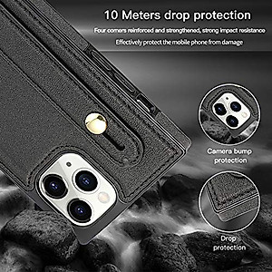 DEFBSC Crossbody Case for iPhone 12, iPhone 12 Pro Case 5G, Finger Strap Wallet Case with PU Kickstand and Adjustable Detachable Crossbody Strap Card Slot Heavy Duty Protective Square Cover-Black