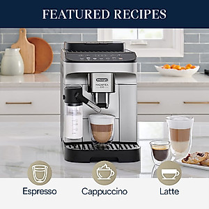 De'Longhi Magnifica Evo with LatteCrema System, Fully Automatic Machine Bean to Cup Espresso Cappuccino and Iced Coffee Maker, Colored Touch Display,Black, Silver