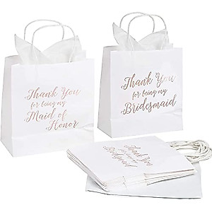 Juvale 11 Bridesmaid and 1 Maid of Honor Thank You Paper Gift Bag, Rose Gold Foil Text, Includes 20 Sheets of Tissue Paper, Perfect for Bridal Party Favors, White, 9 x 8 x 4 Inches