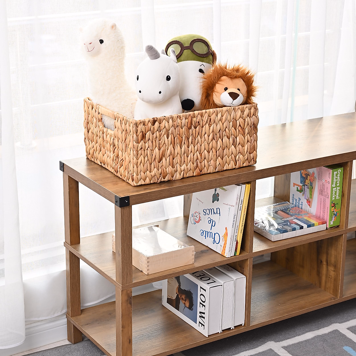 JS HOME Jumbo Wicker Basket for Orgainzing, Extra Large Rectangular Water Hyacinth Storage Wicker Shelf Basket with Built-in Handles, 1 Pack