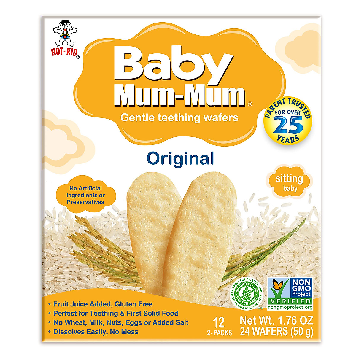 Hot-Kid Baby Mum-Mum Rice Rusks, Original, 24 Pieces (Pack of 6) Gluten Free, Allergen Free, Non-GMO, Rice Teether Cookie for Teething Infants