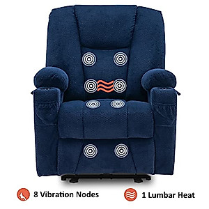 MCombo Fabric Electric Power Recliner Chair with Heat and Massage, Cup Holders, USB Charge Ports, Extended Footrest, Cloth Powered Reclining for Living Room 8015 (Navy Blue, Single Recliner)