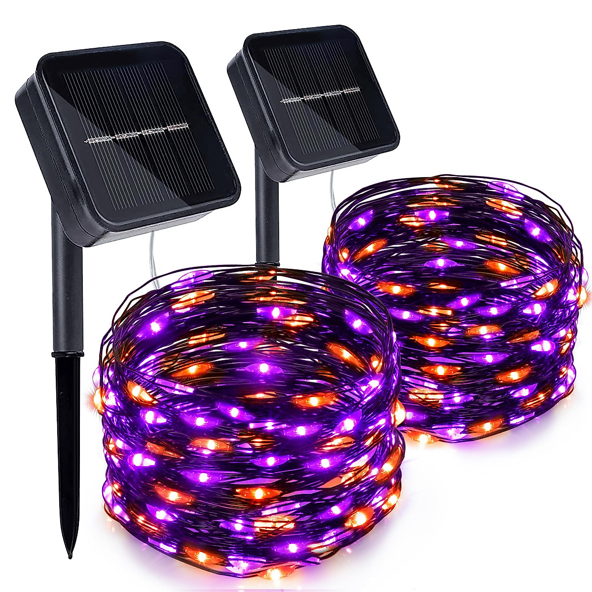 kemooie 2 Pack Total 200 LED Solar Halloween Lights, 8 Twinkle Modes Upgraded Solar Powered Fairy Lights, for Outdoor, Garden, Balcony Party Halloween Decorations (Purple and Orange)