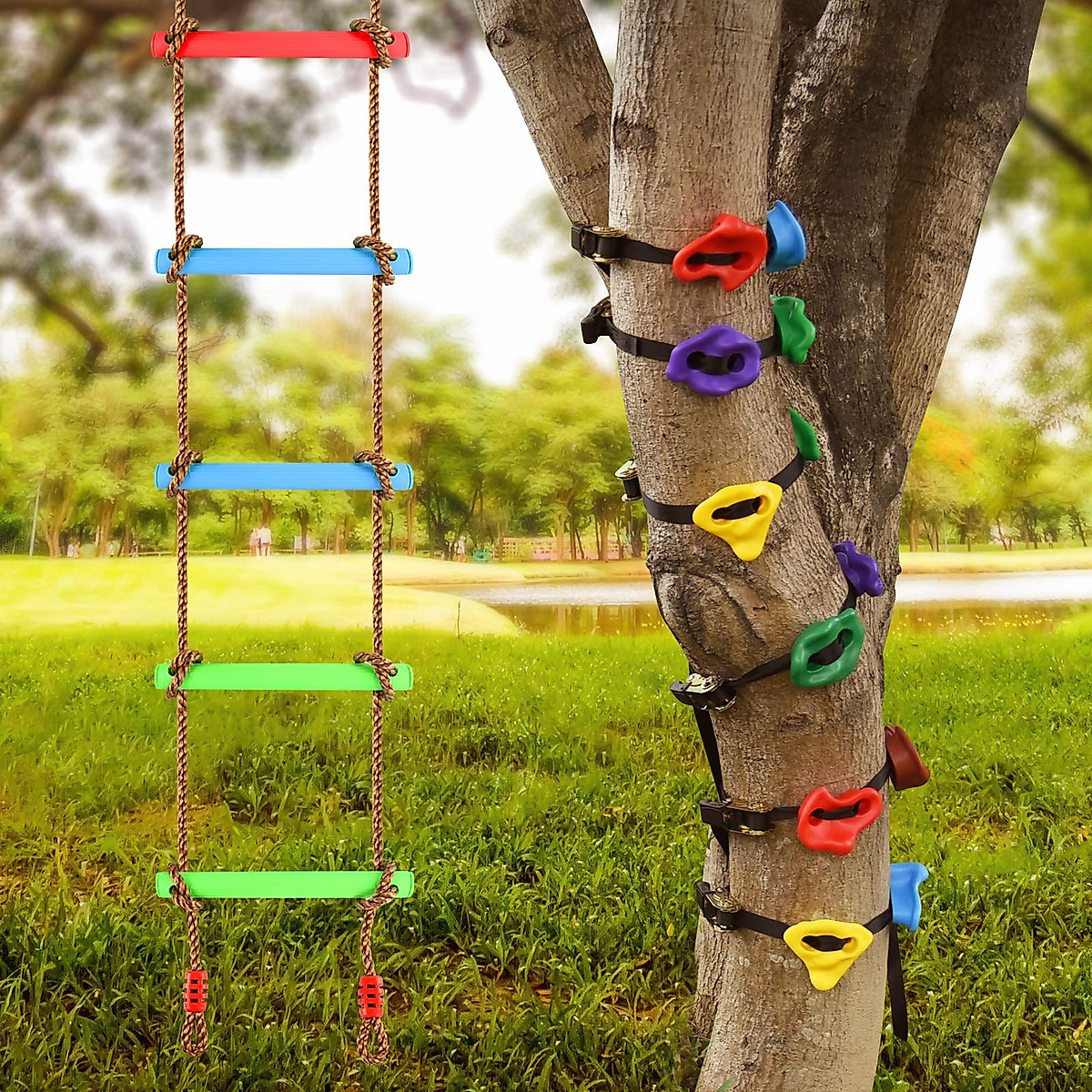 TOPNEW 12 Ninja Tree Climbing Holds for Tree Climber, Tree Climbing Kit with 6.6FT Rope Ladder for Outdoor Ninja Warrior Obstacle Course Training