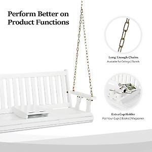 VINGLI Heavy Duty 880 LBS Wooden Patio Porch Swing with Cup Holder, Outdoor Swing Chair Bench with Adjustable Chains for Porch, Yard, Balcony, Tree (5FT, White)
