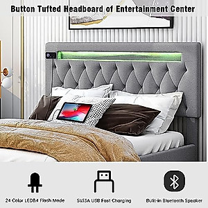 Ucloveria Queen Bed Frame with Bluetooth Audio & Charging Station & LED Lights, Upholstered Platform Bed with Button Tufted Adjustable Headboard, Hydraulic Storage, No Box Spring Needed, Gray