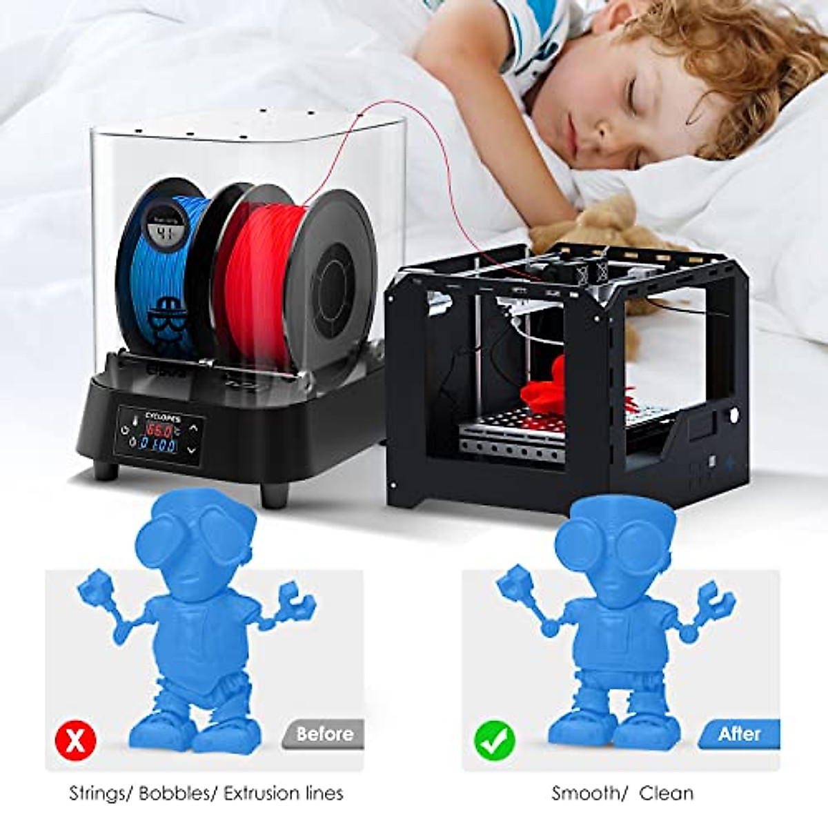 Eibos 3D Printer Filament Dryer Box CYCLOPES, 100W PTC Heater Dehydrator Storage Box with Fans, Temperature Humidity Control, 2 Spools Holder, Compatible with 1.75mm/ 2.85mm/ 3mm Filament