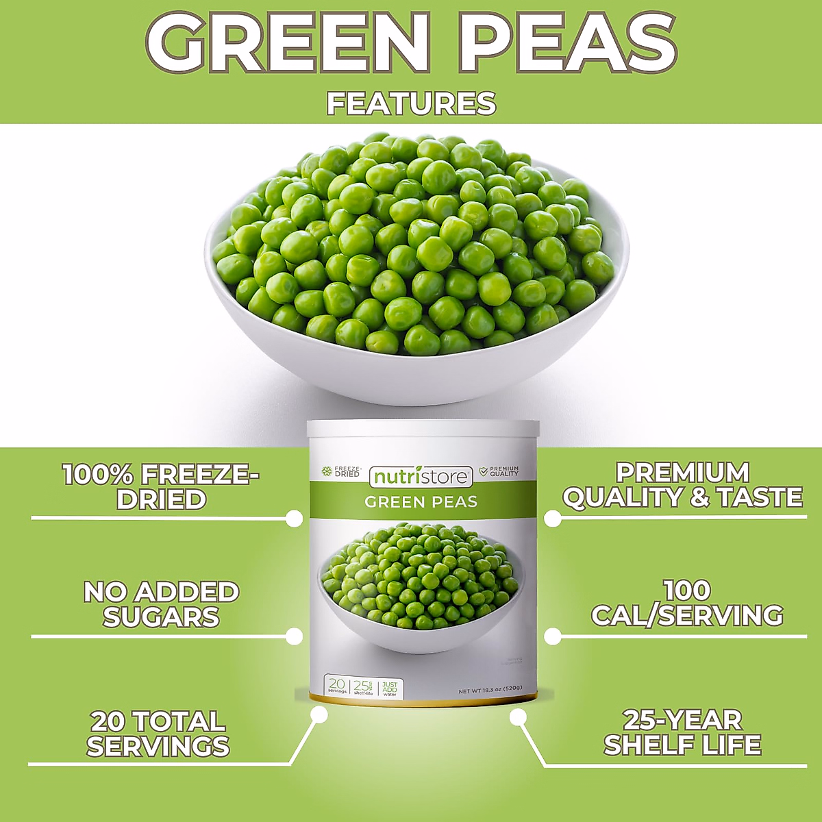 Nutristore Freeze Dried Green Peas | Vegetables for Healthy Snack or Long Term Storage | Emergency Survival Canned Food Supply | Bulk #10 Can Veggies | 25 Year Shelf Life | 20 Servings, 18.3 oz