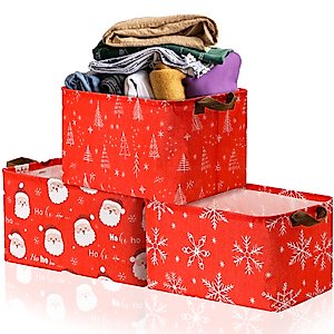 Layhit 3 Pcs Christmas Storage Bins Large Foldable Christmas Basket with Handles Xmas Tree Santa Snowflake Storage Boxes Fabric Collapsible Red Storage Basket for Cloth Toy Book Storage