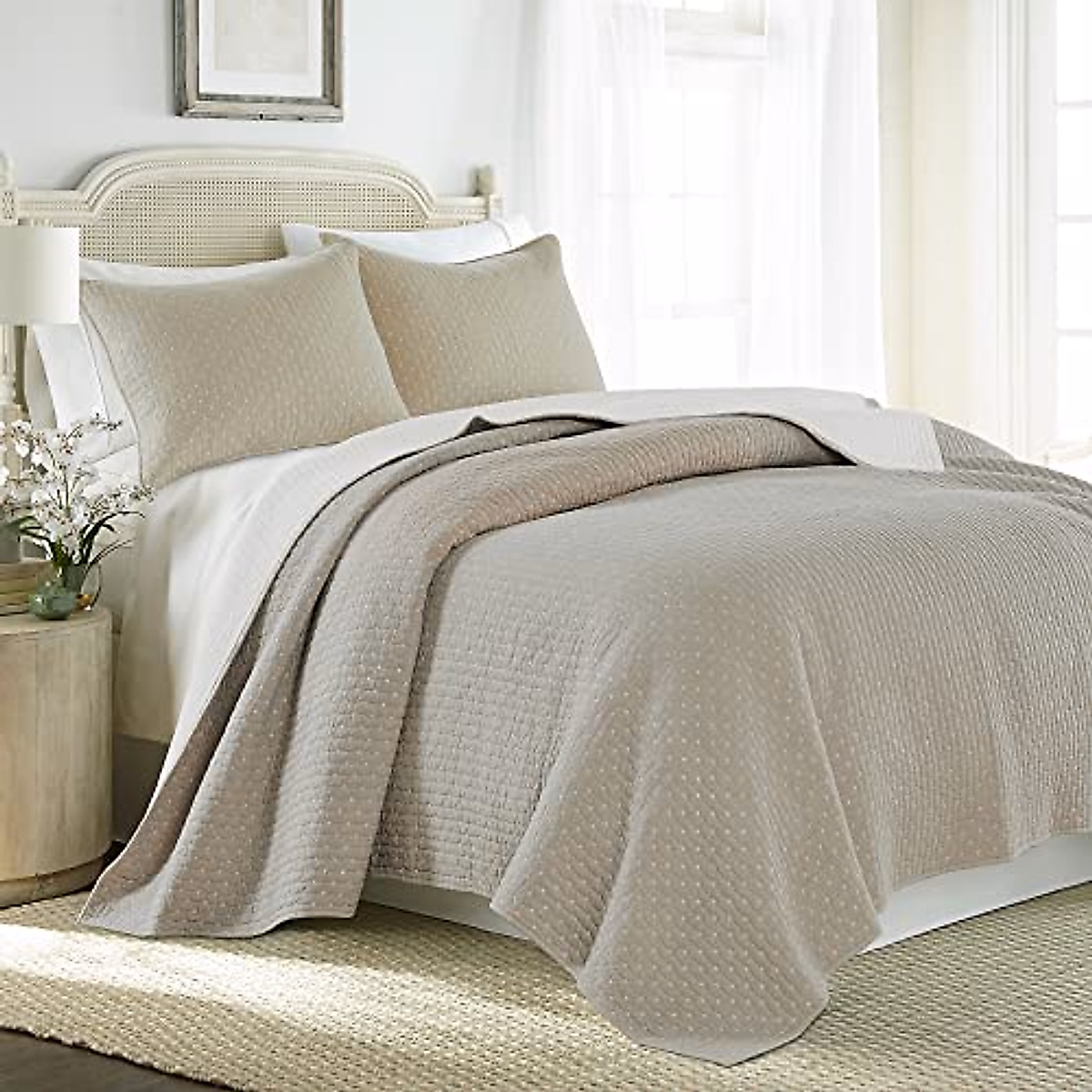 Levtex Home - Cross Stitch Quilt Set - 100% Cotton - Full/Queen Quilt (88x92in.) + 2 Standard Shams (26x20in.) - Taupe Quilt with White Contrast Stitching