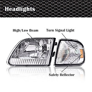 CNNELL Headlights Assembly Compatible with 1997 1998 1999 2000 2001 2002 Ford Expedition/2004 F150 Heritage/1998-2003 F150 Truck/1997 F150 Truck(C Clear lens Chrome Housing Amber Reflector)