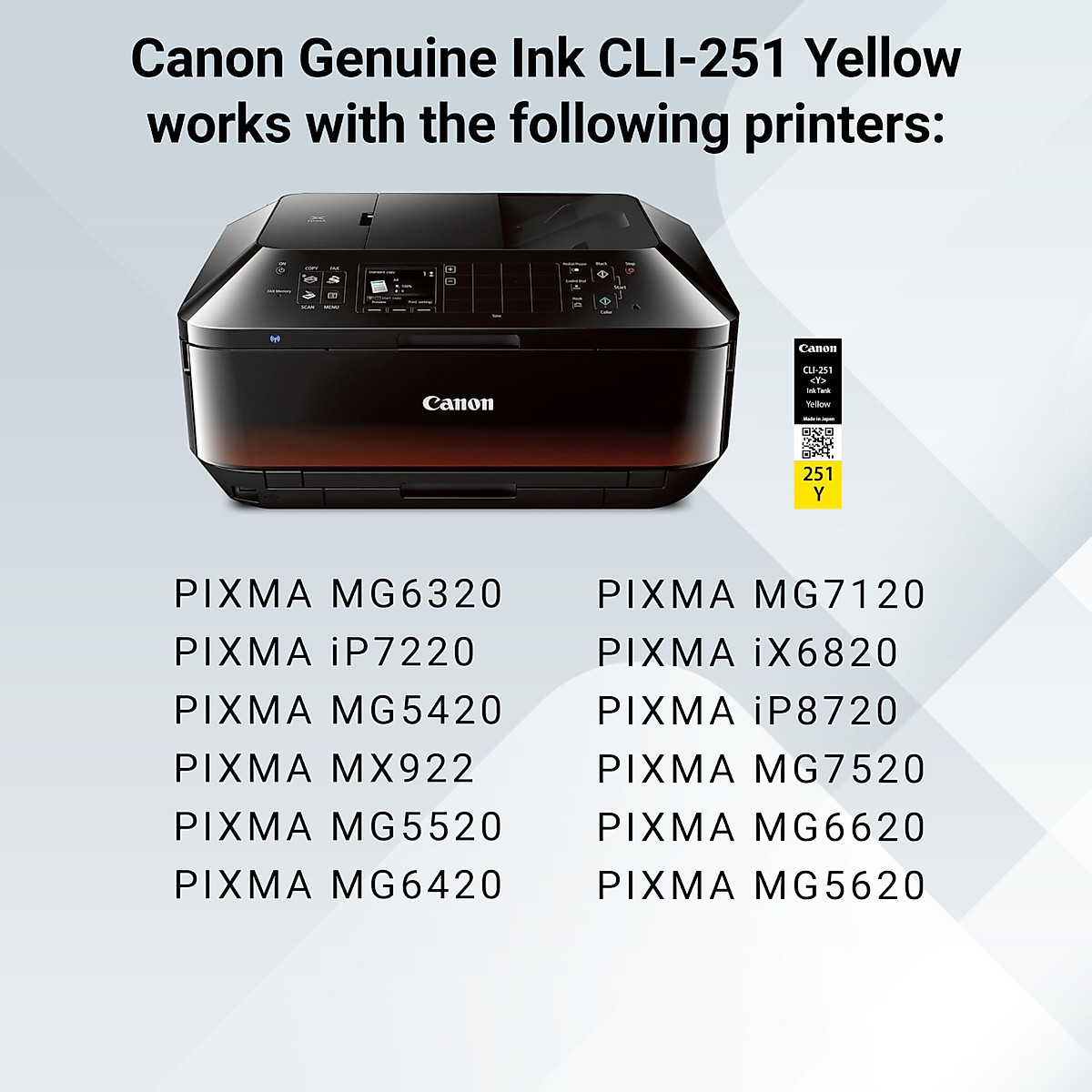 Canon CLI-251 Yellow Compatible to iP7220,iP8720,iX6820,MG5420,MG5520/MG6420,MG5620/MG6620,MG6320,MG7120,MG7520,MX922/MX722 Printers