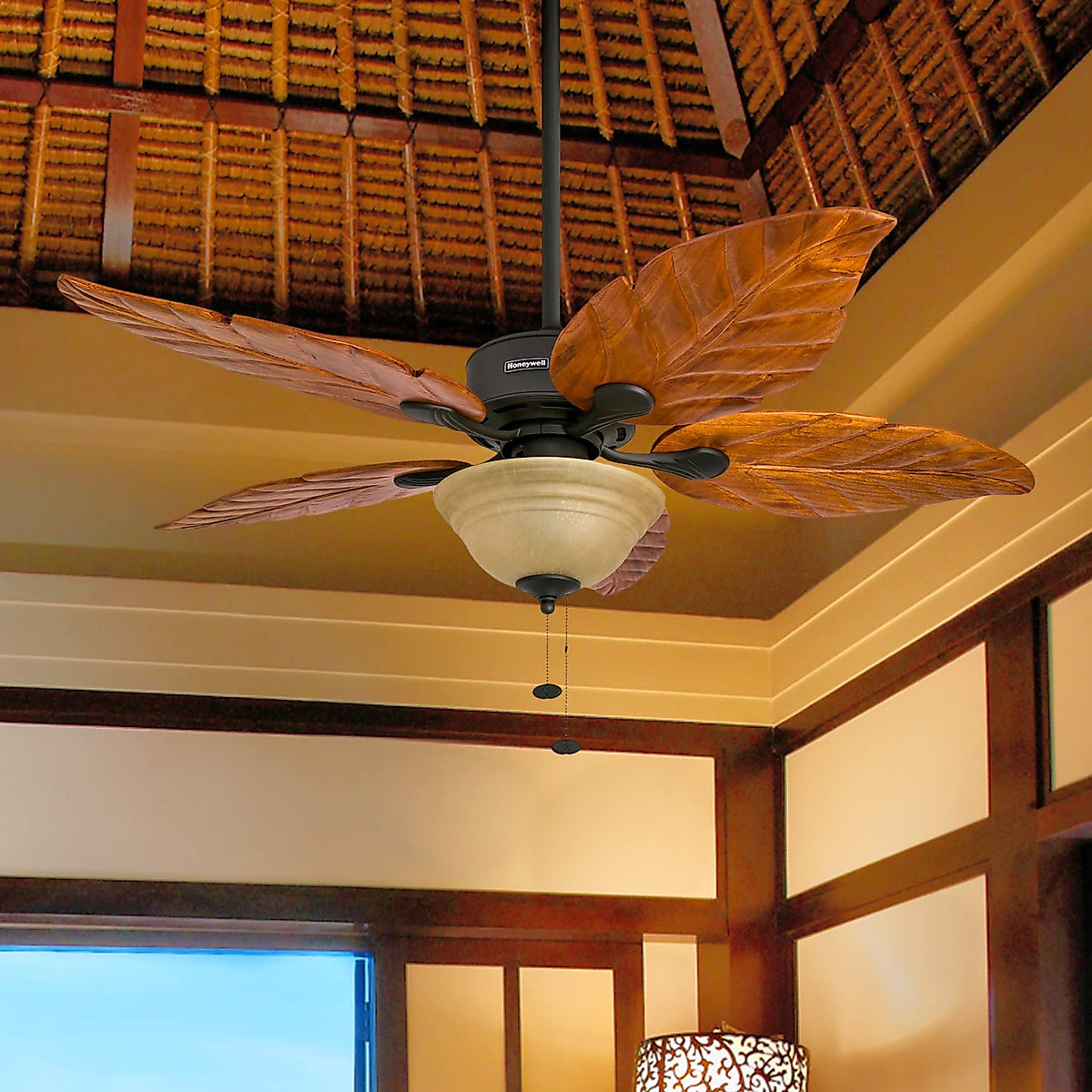 Honeywell Ceiling Fans Royal Palm, 52 Inch Tropical LED Ceiling Fan with Light, Pull Chain, Three Mounting Options, Hand Carved Solid Wood Blades - 50204-01 (Bronze)