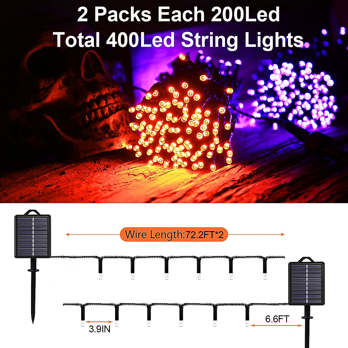 Halloween Decorations Outdoor Solar String Lights Orange & Purple, Outside 2Pack Total 144ft 400 LED 8 Modes with Timer, IP44 Waterproof Spooky Gothic Lights for Party, Patio, Tree, Garden Decor