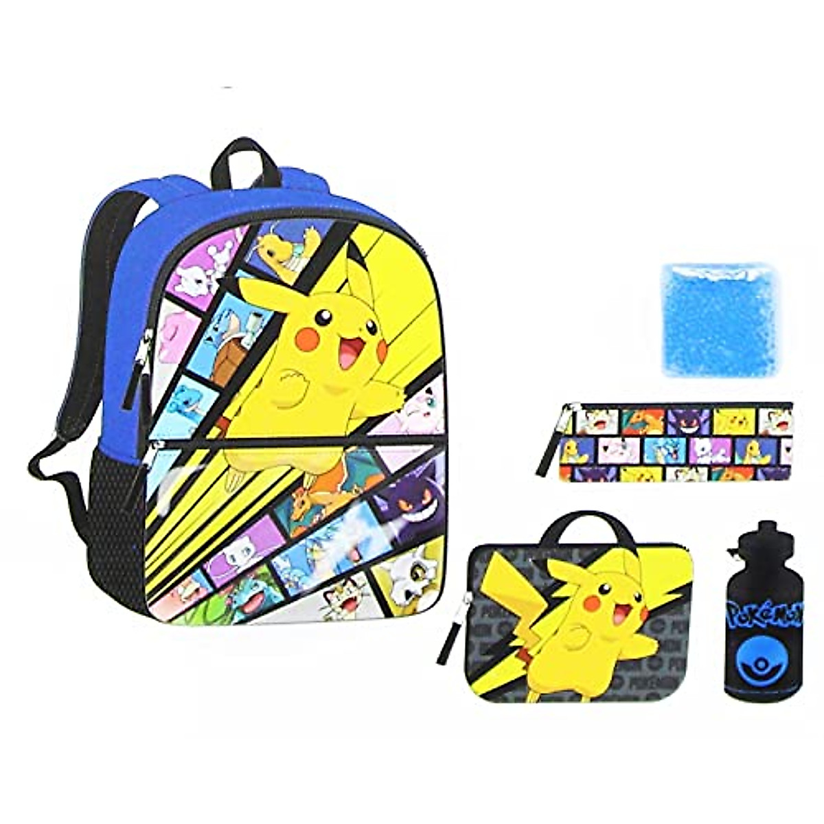 Pokemon 5 Piece 16 Inch Backpack | Utlity & Pencil Cases | Ice Pack | Bottle
