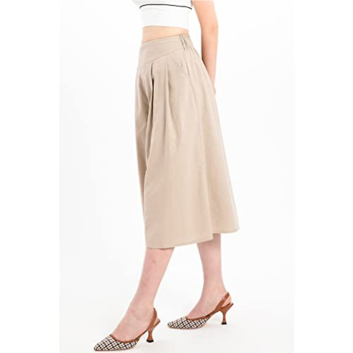 Lisskolo Linen Pants for Women Cropped Wide Leg Elastic Waist Casual Culottes Pants with Pockets Khaki XL