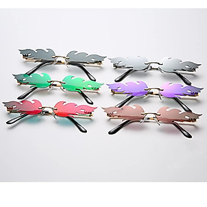 GTREW Sunglasses Trending Flame Rimless Eyewear Small Face Narrow Wave Shape Glasses Vintage Mens Womens Sun Glasses Metal Frame, Red, 138x70mm