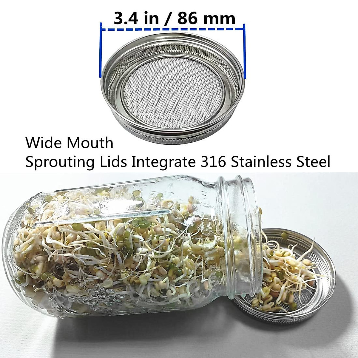 One-Piece 316 Stainless Steel Mesh Sprouting Lids Wide Mouth Mason Jar Strainer Lid for Mason Canning Jars Seed Sprouting Salad Sprouts Strainer Mesh Lids 4 Pack - Rust Proof