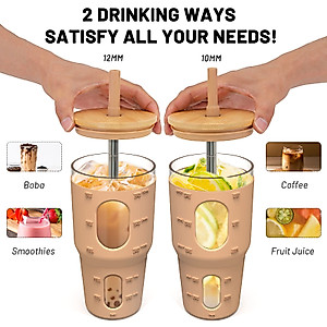 Tronco 32 oz Glass Tumbler with Straw and Lid - Reusable Drinking Glass Cup with Time Marker, Silicone Sleeve - Ideal for Boba, Smoothies, Tea and Iced Coffee Fits Cup Holder- BPA Free,Pink