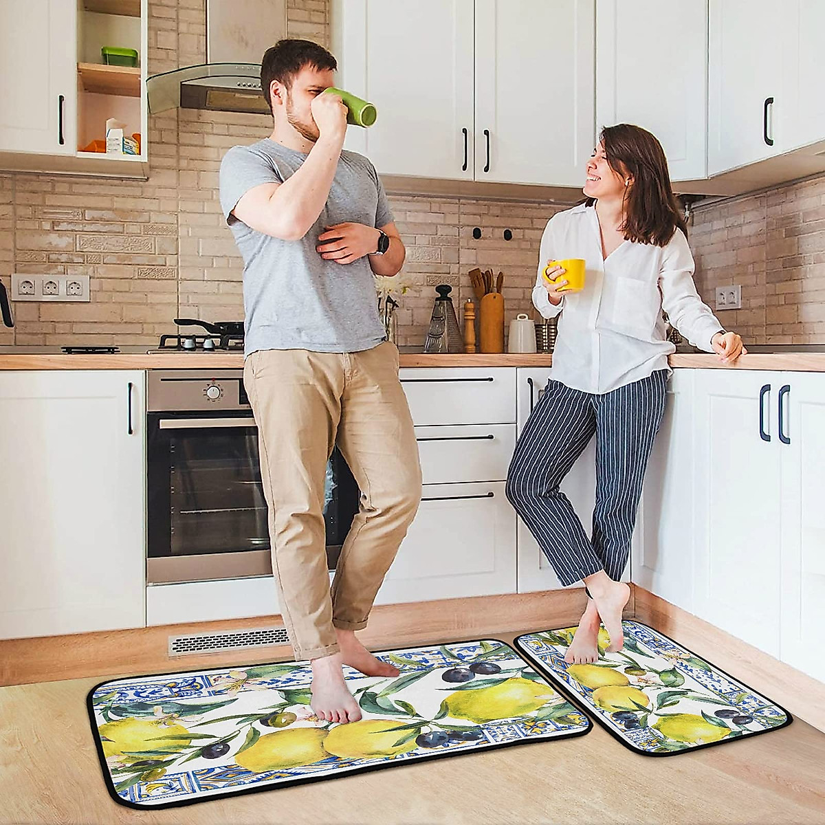 Washable Kitchen Rugs Set 2 Piece Watercolor Lemon Olive Branches Anti Fatigue Floor Mats Bathroom Carpet, 27"x19" and 47"x19"