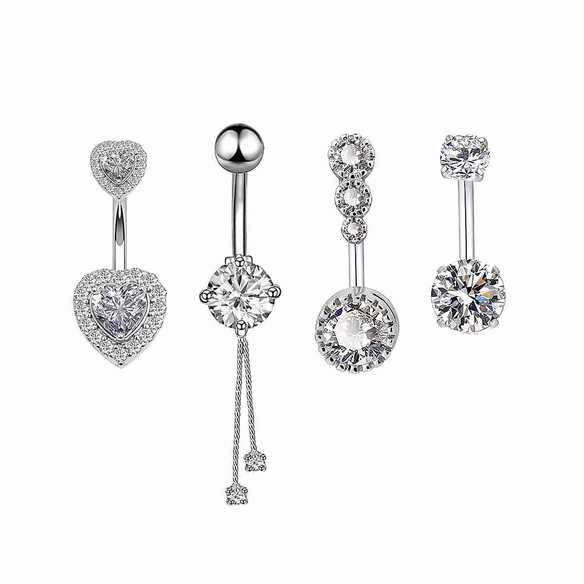 14G Surgical Steel Belly Button Rings Round Love Heart Clear CZ Navel Curved Barbell Studs Sexy Body Piercing (4PCS - Steel)