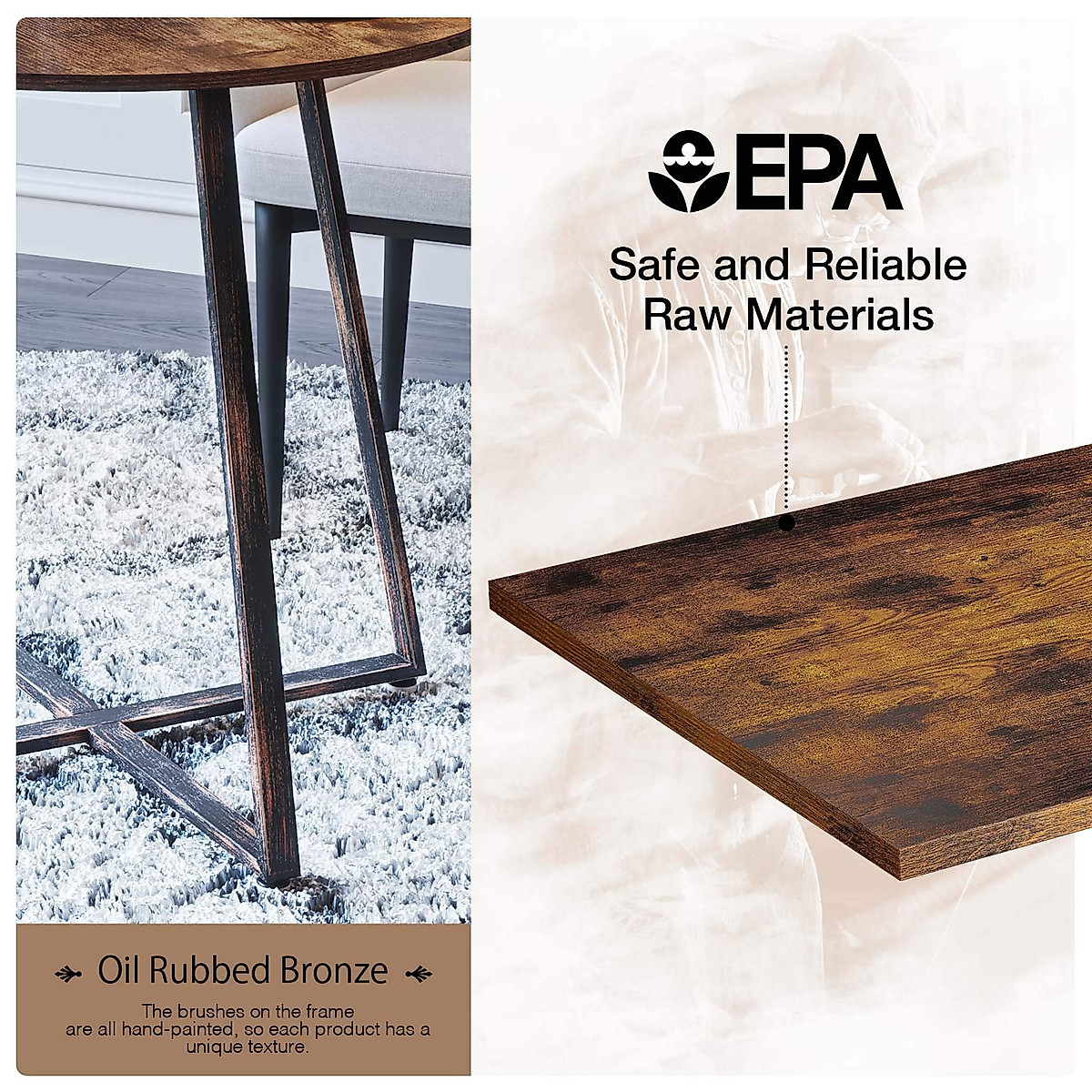 Rolanstar Dining Table Rustic Round Table with Metal Legs for Kitchen Living Room Coffee Table Bristro Table for Cafe Bar