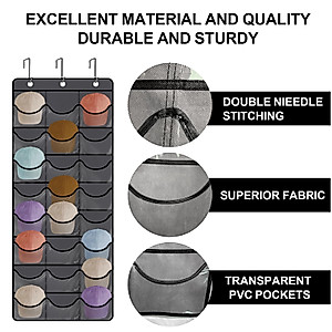 InterMaka Hat Rack for Door - 24 Clear Deep Pocket Cap Racks for Baseball Caps, Premium Hat Storage with 3 Sturdy Hooks, Versatile Hat Holder & Ball Hat Organizer for Optimal Display Grey