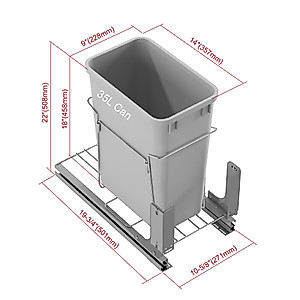 Dowell Alu Bottom Mount Pull- Out Waste Container W/Door Mounting Kit - Single Grey Recycling Bin- for Both 15” Frameless & Face Framed Cabinet -4012 0115 35