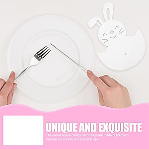 Didiseaon 8Pcs Rabbit Cutlery Bags Holders Easter Bunny Tableware Bags Rabbit Silverware Holders Bags Easter Dinner Table Decorations (White)