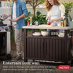 Keter Unity XL Portable Outdoor Table and Storage Cabinet w/ Accessory Hooks, Stainless Steel Top for Patio Kitchen Island or Bar Cart, Espresso Brown